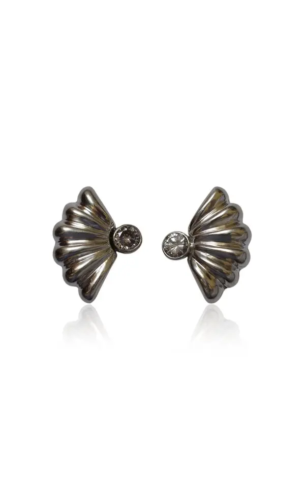 LUCIA ZOLEA Sterling Ribbed Sculptural Fan Circular Glass Cabochon Earrings - Silver