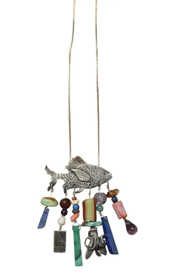 LUCIA ZOLEA Sterling Silver Fish Gemstone Fringed Drop Necklace - Multi
