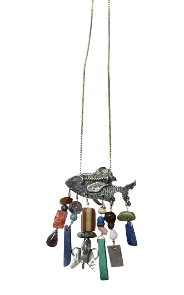 LUCIA ZOLEA Sterling Silver Fish Gemstone Fringed Drop Necklace