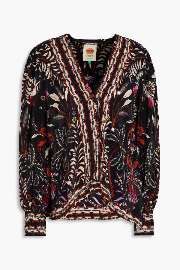 Farm Rio Beadembellished Printed Satin Blouse - Black