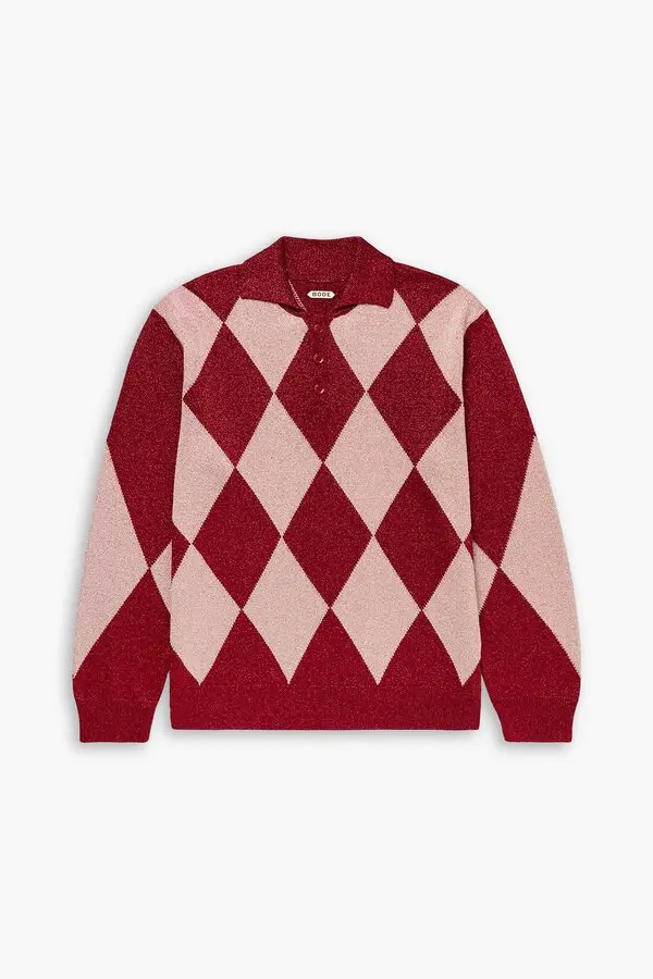 BODE Argyle Metallic Jacquardknit Polo Sweater