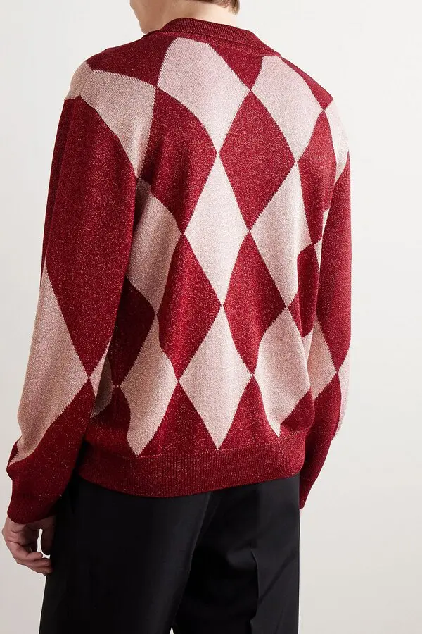 BODE Argyle Metallic Jacquardknit Polo Sweater