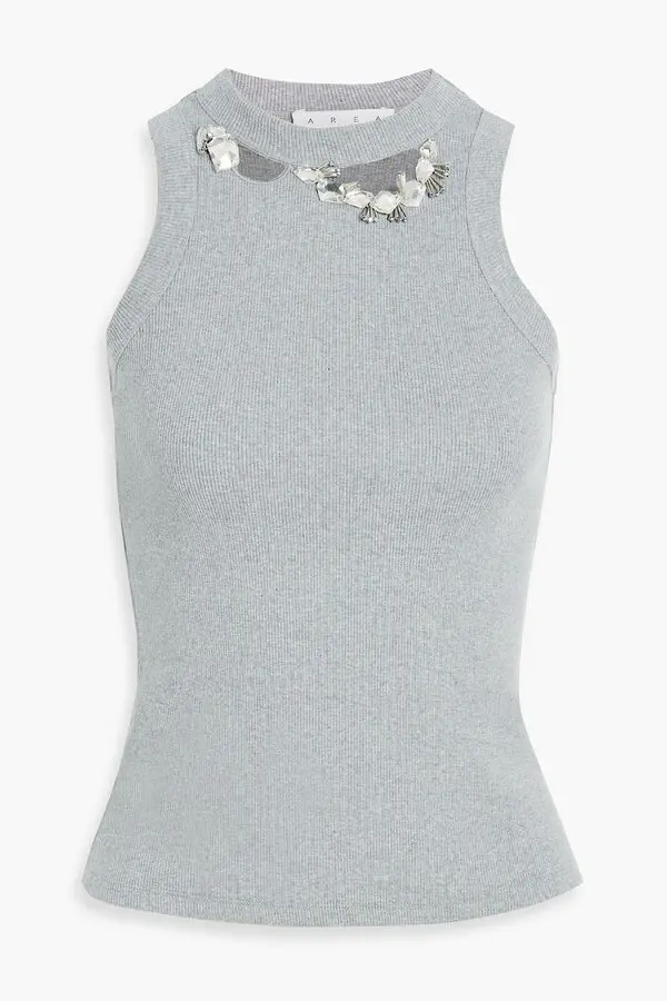 AREA Crystalembellished Ribbed Cottonblend Jersey Tank - Gray