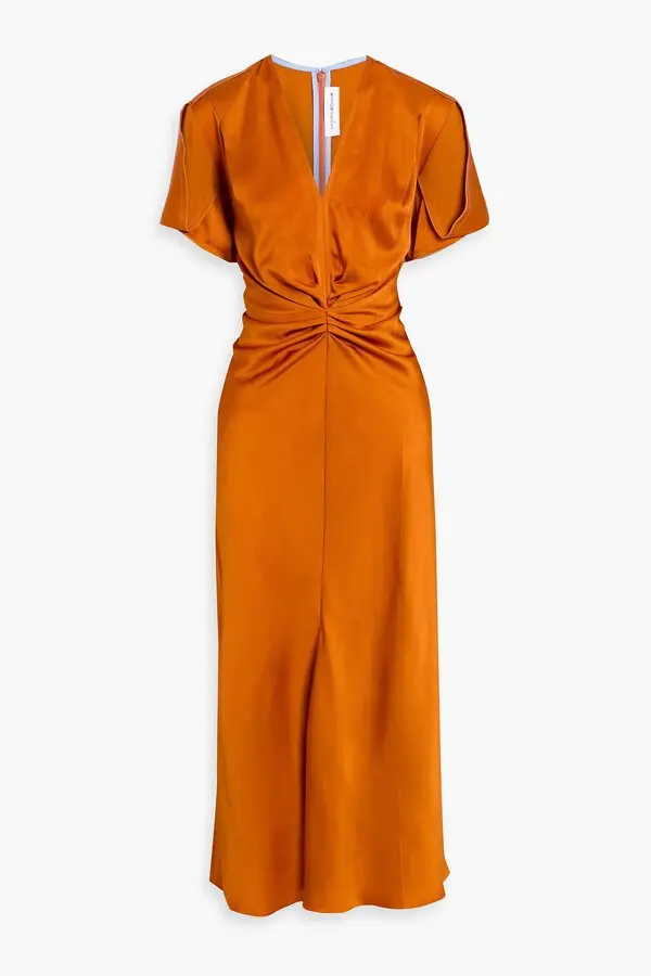 Victoria Beckham Gathered Satin-crepe Midi Dress - Orange