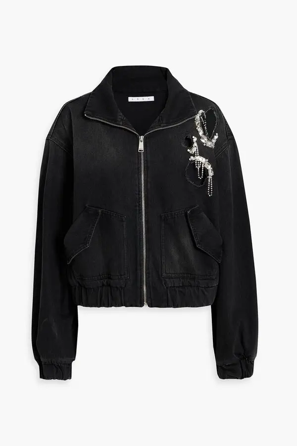 AREA Distressed Crystalembellished Denim Jacket - Black