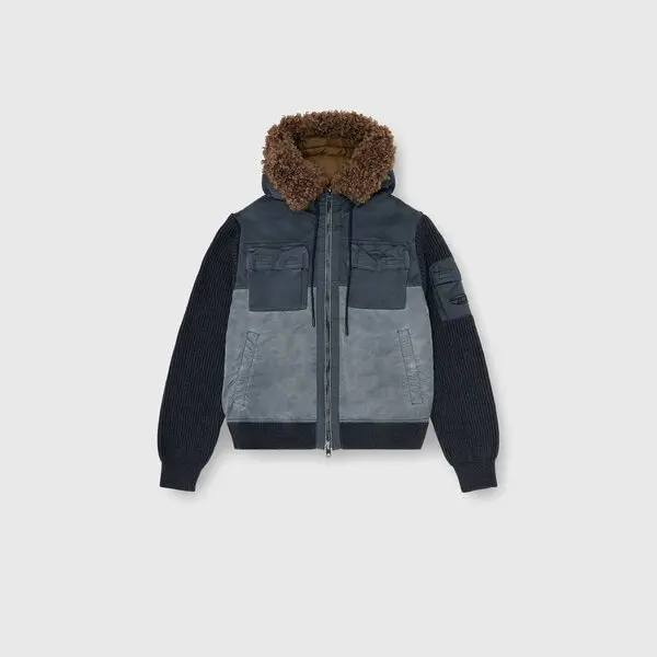 DIESEL® Hooded Padded Jacket With Knitted Sleeves - Blue