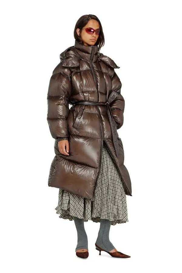 DIESEL® Down Puffer Coat With Removable Hood And Belted Waist - Brown