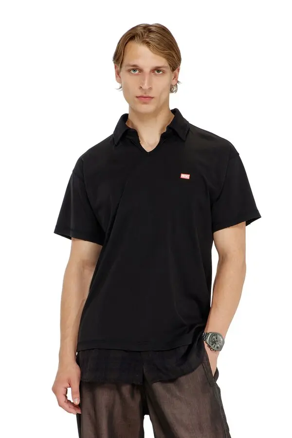 DIESEL® Jersey Polo Shirt With Check Flannel Trims - Black