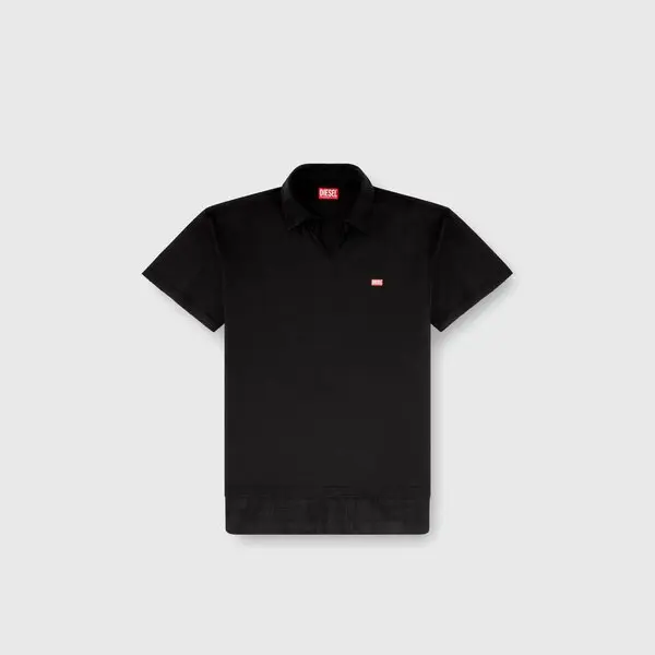 DIESEL® Jersey Polo Shirt With Check Flannel Trims - Black