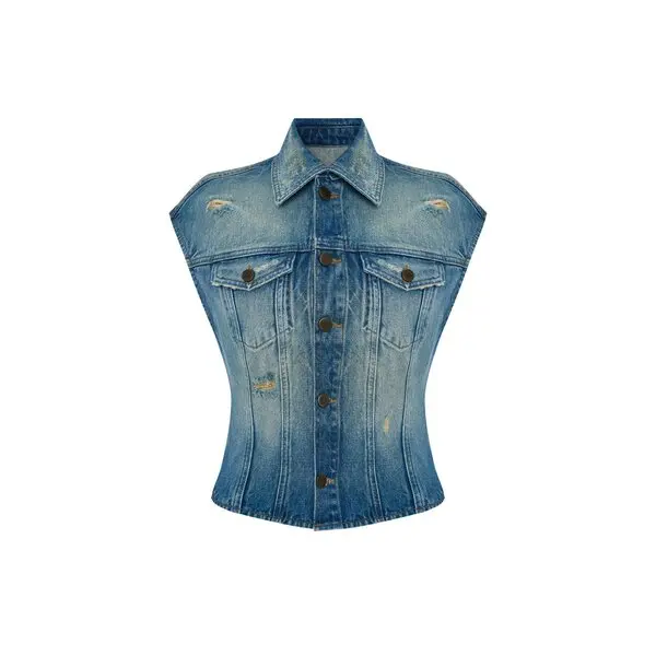 MAISON SEL Overdyed Denim Embroidered Vest - Blue