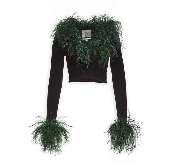 MAISON SEL Ostrich Trimmed Soft Knit Cardigan - Black