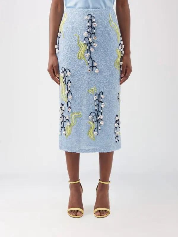 DES_PHEMMES Slim Fit Pencil Midi Skirt With Bead Embroidery And Flower Appliqu - Blue