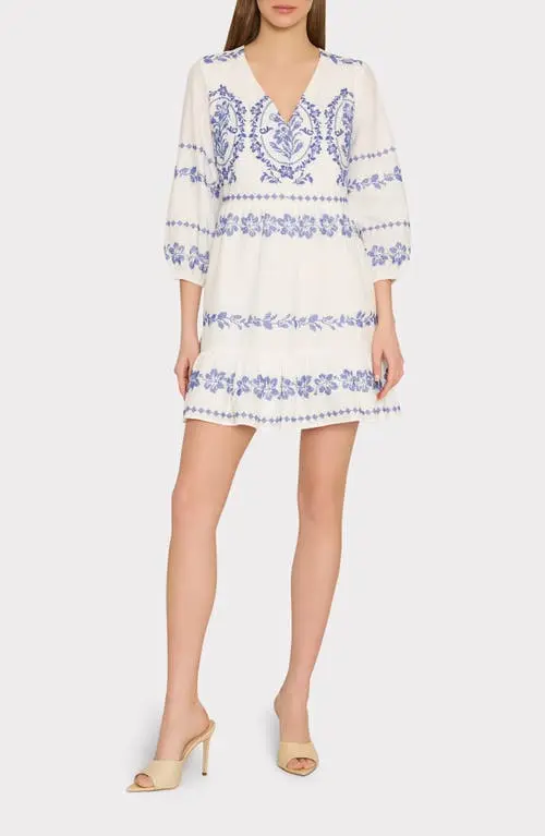 MILLY Embroidered Linen & Cotton Mini Dress - White/blue