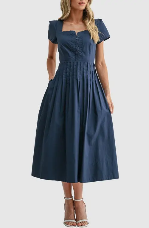QUINCY MAE Pintuck Cotton Midi Dress - Navy
