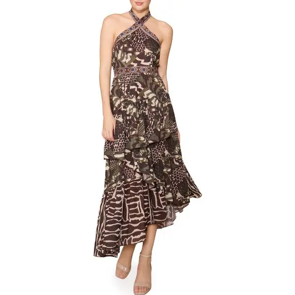 MELLODAY Mixed Print Tiered Asymmetric Hem Halter Dress - Brown/multi Geo
