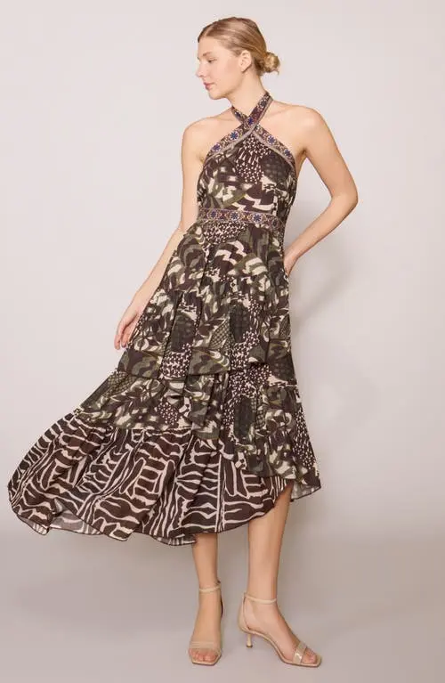 MELLODAY Mixed Print Tiered Asymmetric Hem Halter Dress