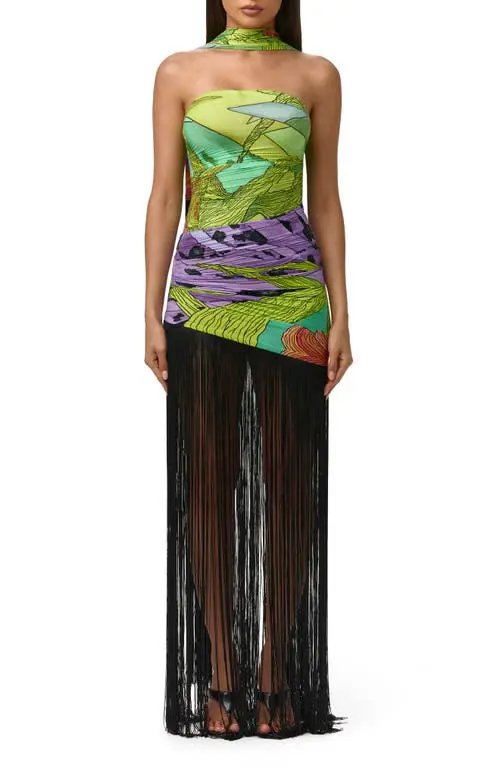 Naked Wardrobe Print Strapless Fringe Maxi Dress With Scarf - Lethal Botanical