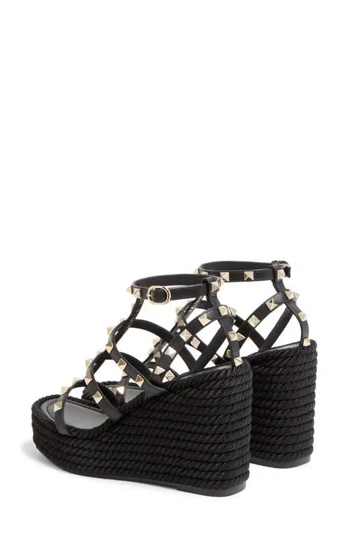 Valentino Garavani Rockstud Ankle Strap Wedge Sandal - Black