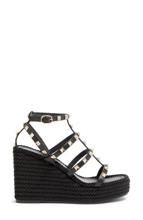 Valentino Garavani Rockstud Ankle Strap Wedge Sandal - Black