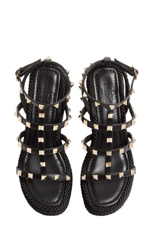 Valentino Garavani Rockstud Ankle Strap Wedge Sandal - Black