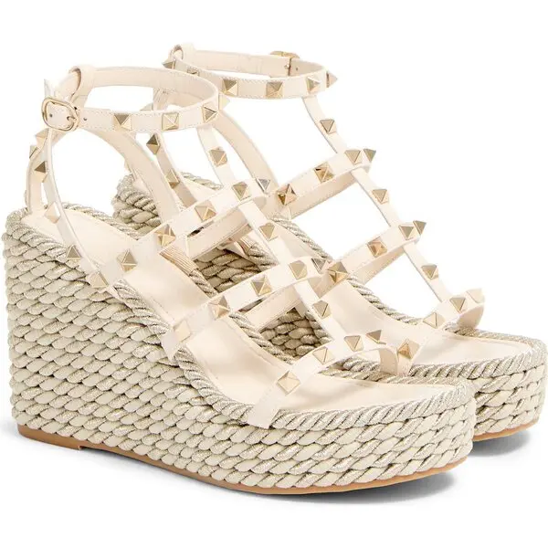 Valentino Garavani Rockstud Ankle Strap Wedge Sandal - Ivory