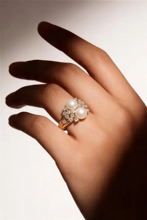 CLASSICHARMS Celeste Pearl Halo Ring With Cubic Zirconia In Plated Brass