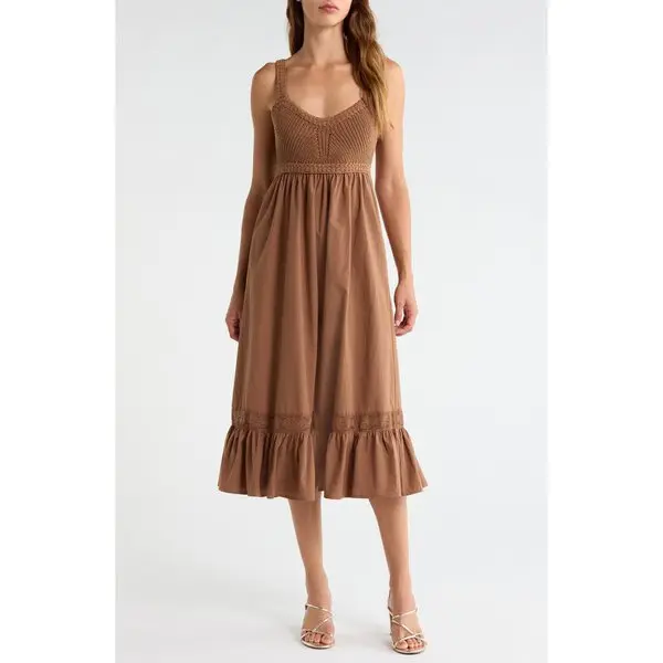Astr The Label Jacquelin Mixed Media Midi Dress With Crochet Bodice And Open Back - Camel