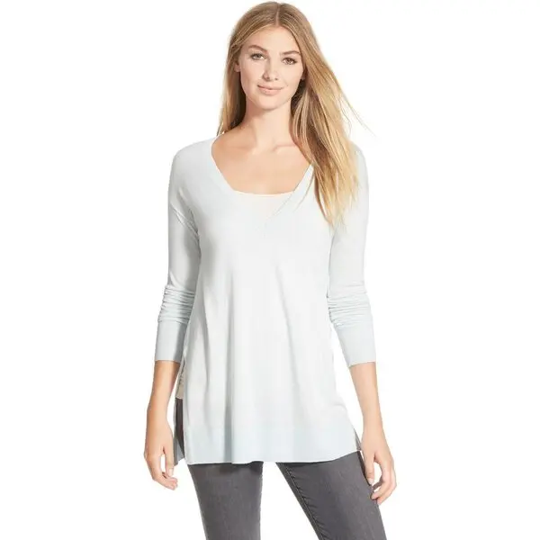 Halogen Side Slit V-neck Tunic Sweater - Blue Flow
