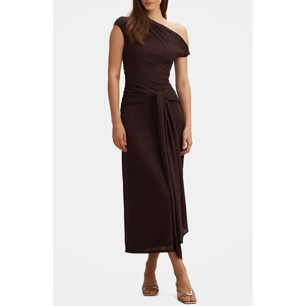 EVER NEW Piper Draped One-shoulder Midi Dress - Chocolate