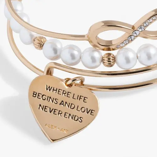ALEX AND ANI Family Charm Bangle Set Of 3 With Faux Pearls And Crystal Pave Infinity Symbol