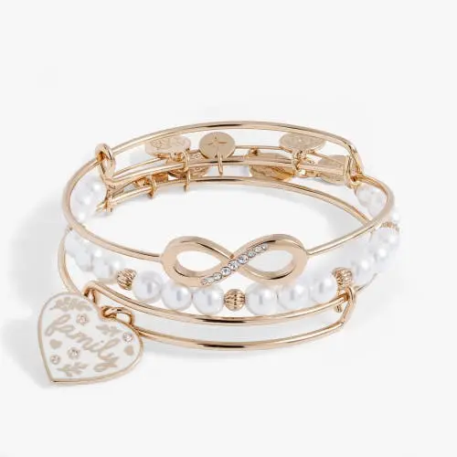 ALEX AND ANI Family Charm Bangle Set Of 3 With Faux Pearls And Crystal Pave Infinity Symbol - Gold