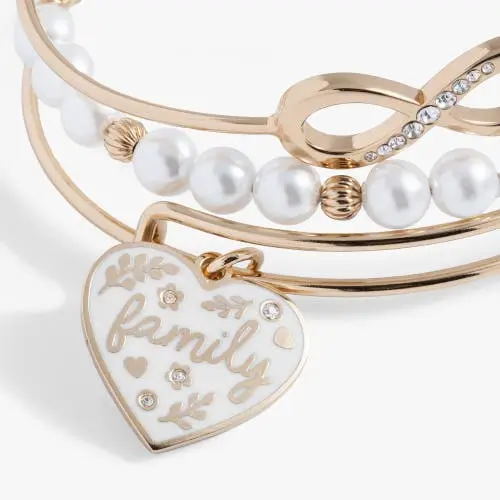 ALEX AND ANI Family Charm Bangle Set Of 3 With Faux Pearls And Crystal Pave Infinity Symbol