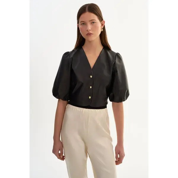 LAMARQUE Franka Balloon Sleeve Leather Blouse - Black