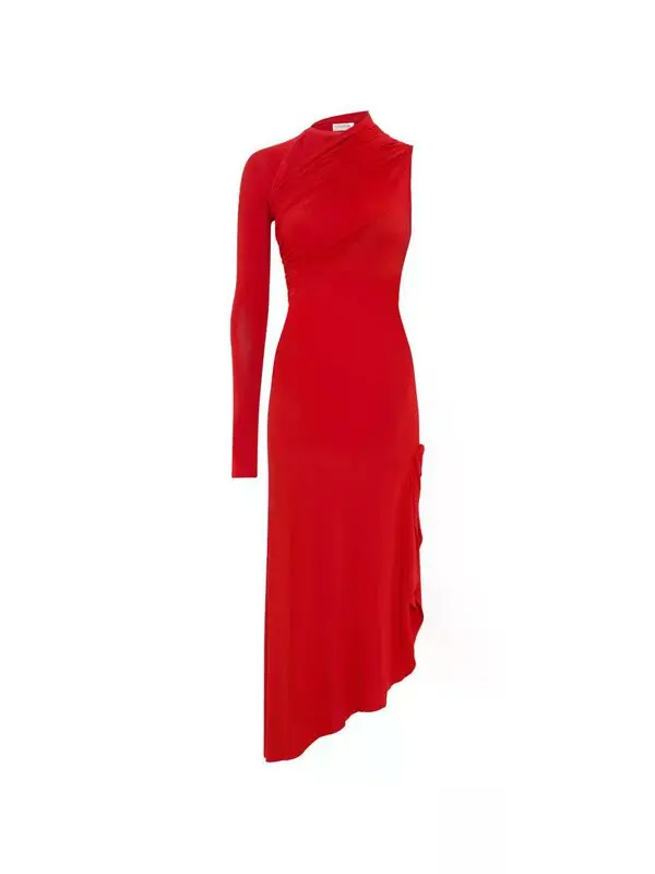 MARINE SERRE Asymmetrical Ruffled Midi Dress - Red