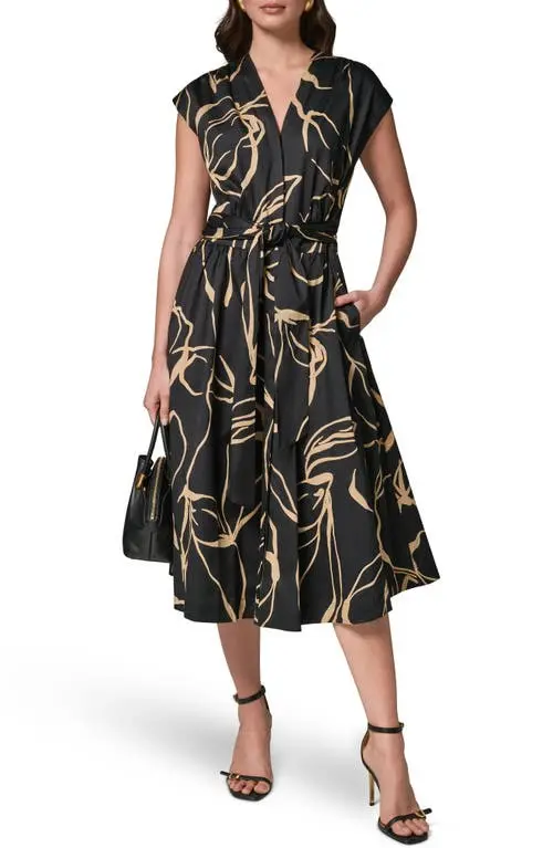 Donna Karan New York Abstract Print Stretch Cotton Midi Dress - Black/fawn