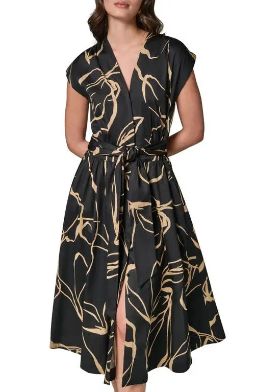 Donna Karan New York Abstract Print Stretch Cotton Midi Dress - Black/fawn