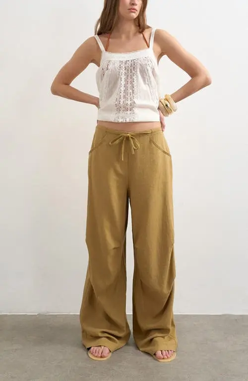 Topshop Wide Leg Linen & Cotton Utility Pants - Tan