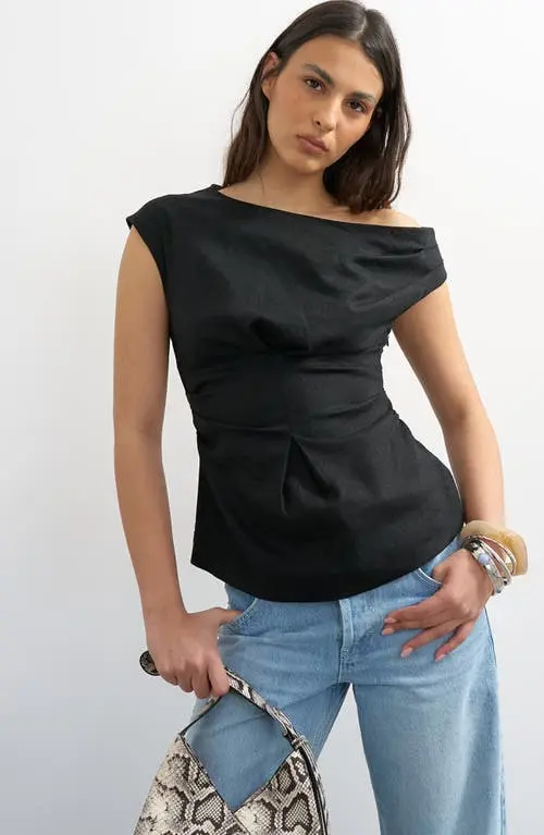 Topshop Off The Shoulder Ruched Pleat Waist Top - Black