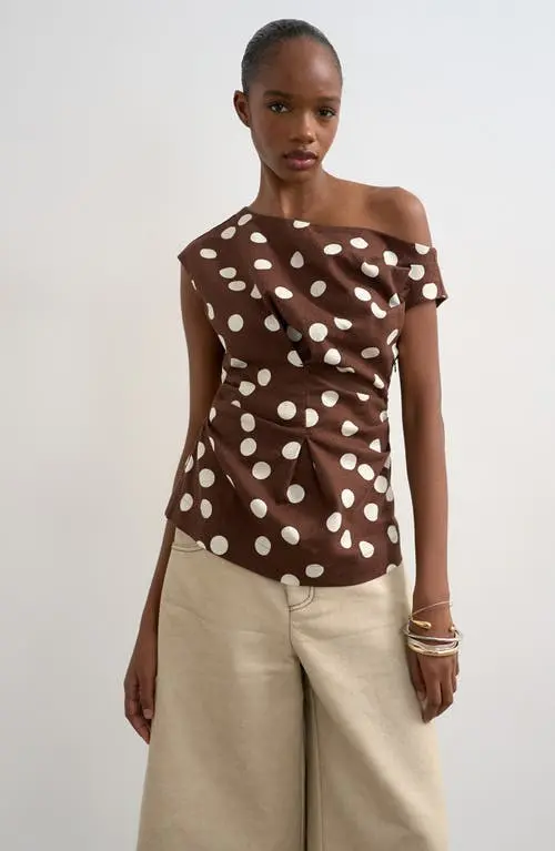 Topshop Polka Dot Off-the-shoulder Linen-blend Top - Brown Multi