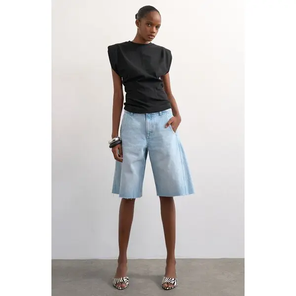 Topshop Raw Hem Knee Length Denim Barrel Shorts