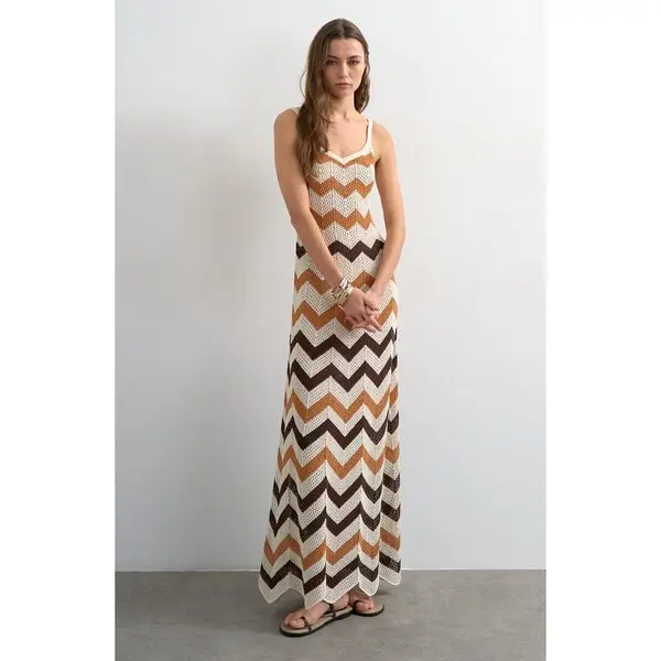 Topshop Chevron Stripe Open Stitch Maxi Dress - Stone
