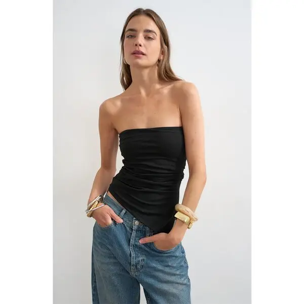 Topshop Strapless Ruched Stretch Cotton Top With Side Slit - Black