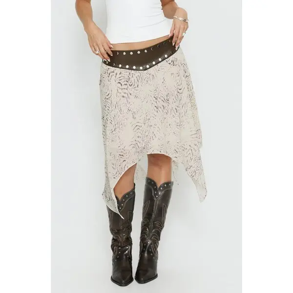 Princess Polly Dark Mirage Stud Asymmetric Skirt - Beige Multi