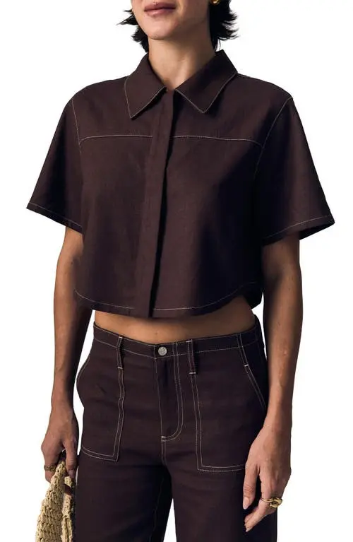 LE JEAN Short Sleeve Cropped Linen Shirt - Cocoa