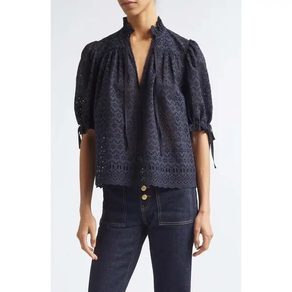 Ulla Johnson Alouette Eyelet Puff Shoulder Top