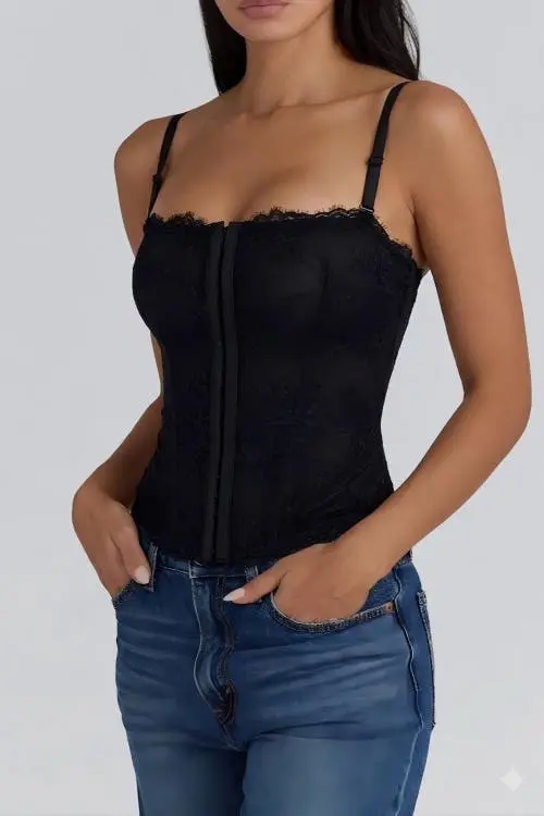 POPILUSH Lace Faux Detachable Strap Corset Bustier - Black Lining