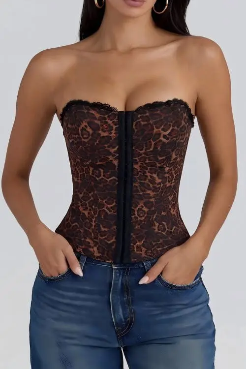 POPILUSH Lace Faux Detachable Strap Corset Bustier - Leopard