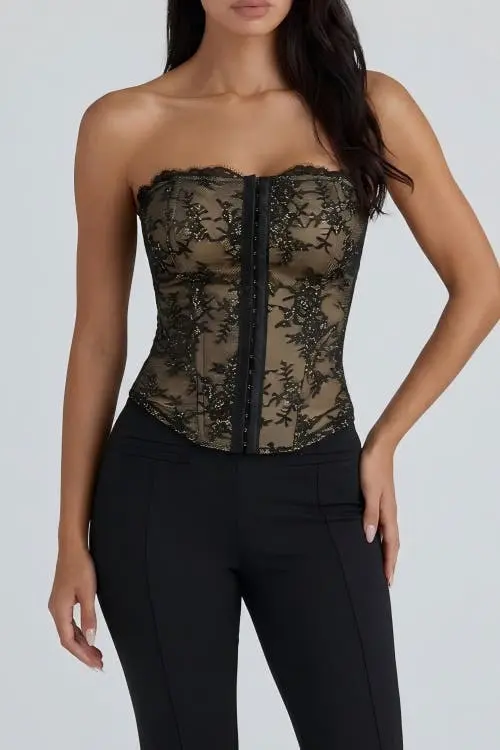 POPILUSH Lace Faux Detachable Strap Corset Bustier - Nude Lining