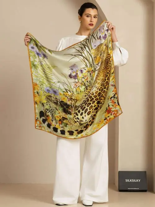 SILKSILKY Pure Silk Floral Scarf - Orange
