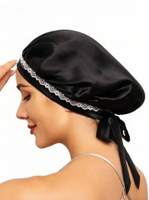 SILKSILKY Pure Silk Lace Trimmed Bonnet With Ribbons - Black